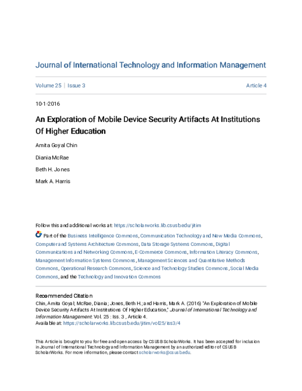 (PDF) An Exploration of Mobile Device Security Artifacts At Institutions Of Higher Education