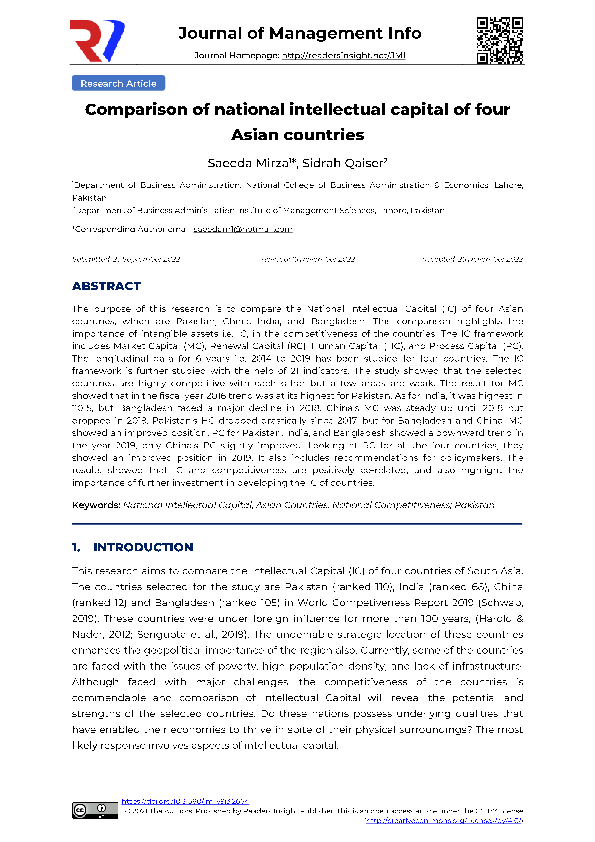 (PDF) Comparison of national intellectual capital of four Asian countries