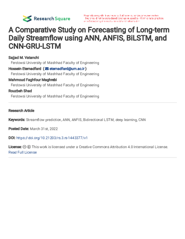 (PDF) A Comparative Study on Forecasting of Long-term Daily Streamflow using ANN, ANFIS, BiLSTM ...