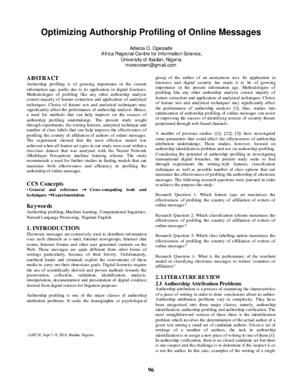 (PDF) Optimizing Authorship Profiling of Online Messages | Adeola O. Opesade Dr. - Academia.edu