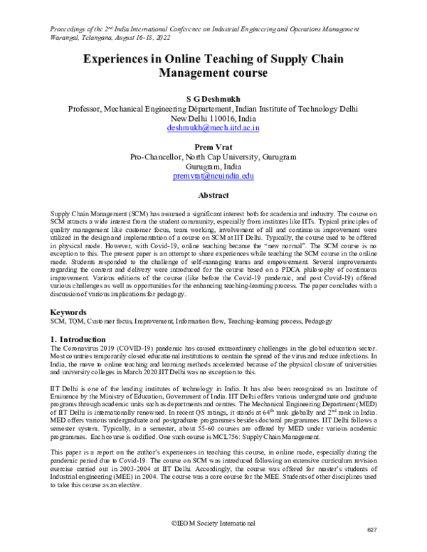 (PDF) Experiences in Online Teaching of Supply Chain Management course