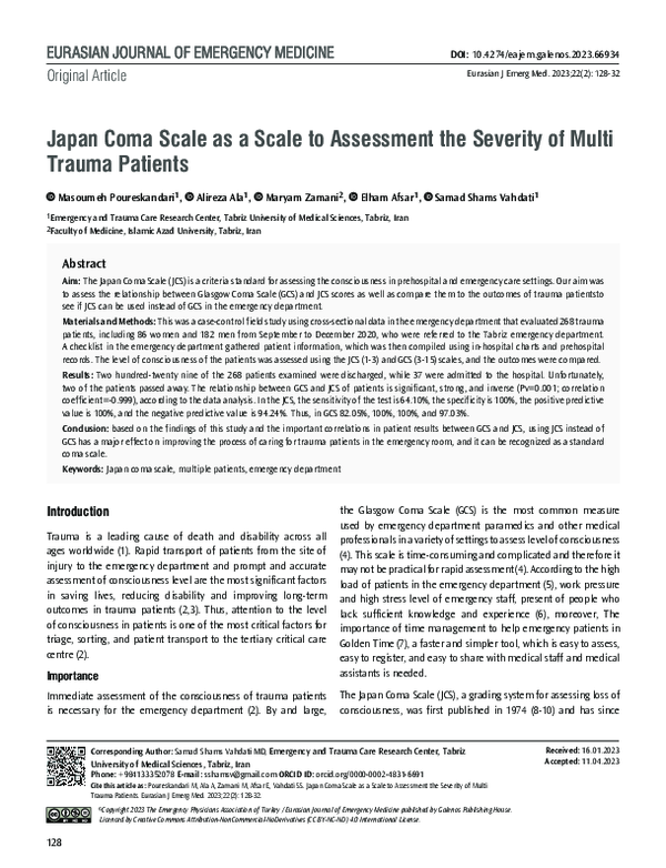 (PDF) Assessing Trauma with Japan Coma Scale vs GCS