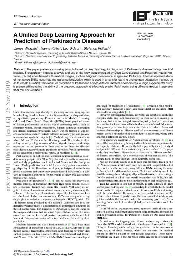 (PDF) A Unified Deep Learning Approach for Prediction of Parkinson's Disease