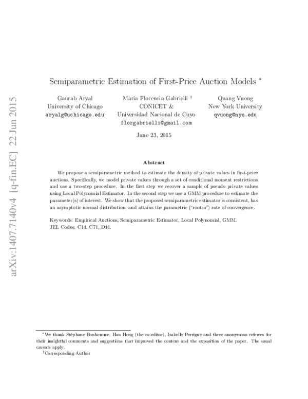 Pdf Semiparametric Estimation Of First Price Auction Models