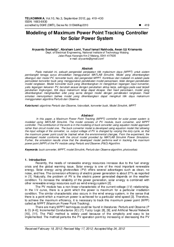(PDF) Modeling of Maximum Power Point Tracking Controller for Solar Power System