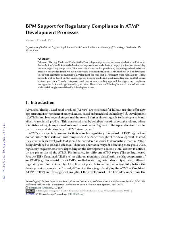 (PDF) BPM Support for Regulatory Compliance in ATMP Development Processes