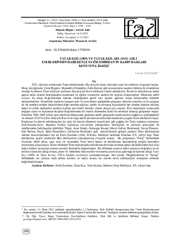 (PDF) TATAR KIZI (1909) VE TATAR KIZLARI (1913) ADLI ESERLERİNDEN HAREKETLE FATİH EMİRHAN’IN ...