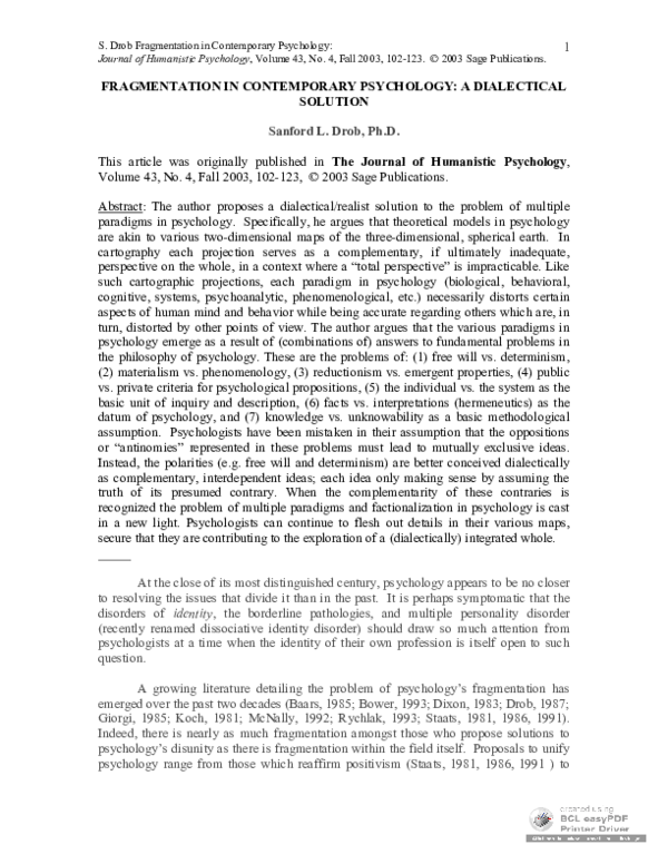 (PDF) Fragmentation in Contemporary Psychology: A Dialectical Solution