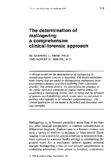 (PDF) The Determination of Malingering: A Comprehensive Clinical-Forensic Approach