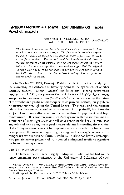 (PDF) Tarasoff Decision: A Decade Later Dilemma Still Faces ...