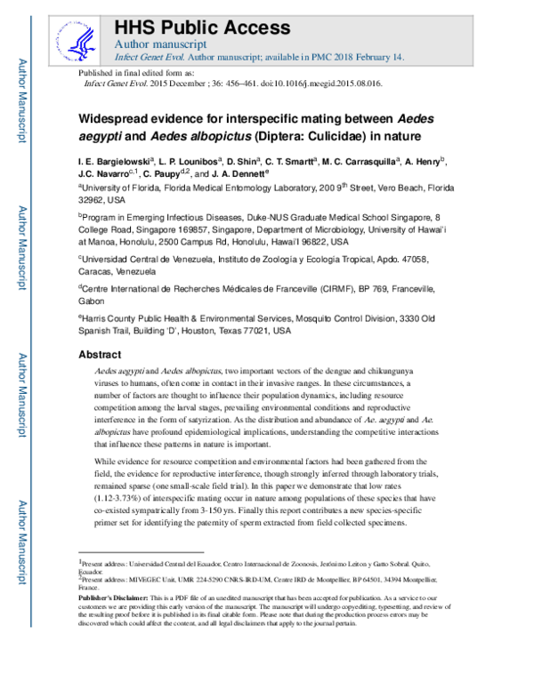 (PDF) Widespread evidence for interspecific mating between Aedes aegypti and Aedes albopictus ...