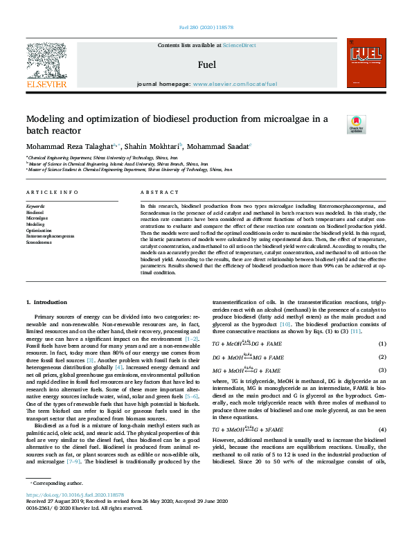 (PDF) Modeling and optimization of biodiesel production from microalgae in a batch reactor