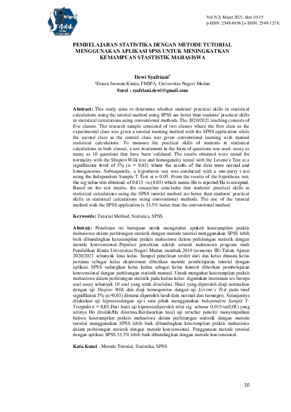 (PDF) Pembelajaran Statistika Dengan Metode Tutorial Menggunakan Aplikasi SPSS Untuk ...