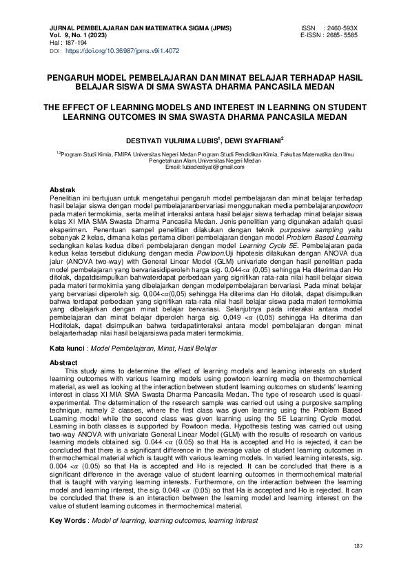 (PDF) Pengaruh Model Pembelajaran dan Minat Belajar Terhadap Hasil Belajar Siswa di SMA Swasta ...