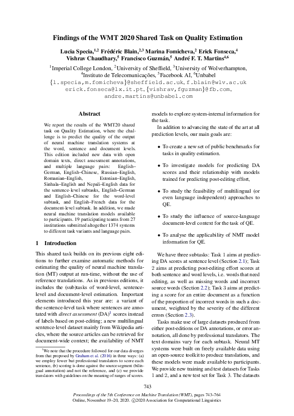 (PDF) Findings of the WMT 2020 Shared Task on Quality Estimation