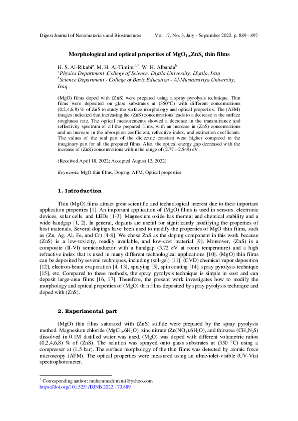 (PDF) Morphological and optical properties of MgO1-xZnSx thin films