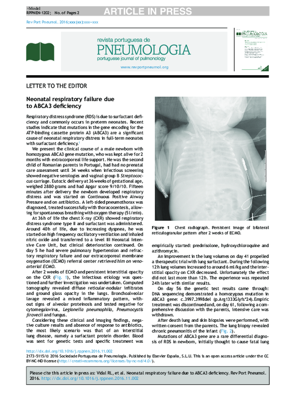 (PDF) Neonatal respiratory failure due to ABCA3 deficiency