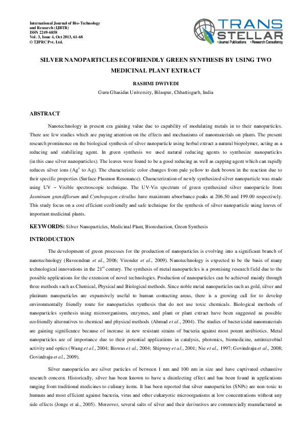 (PDF) Silver Nanoparticles Ecofriendly Green Synthesis by Using Two Medicinal Plant Extract
