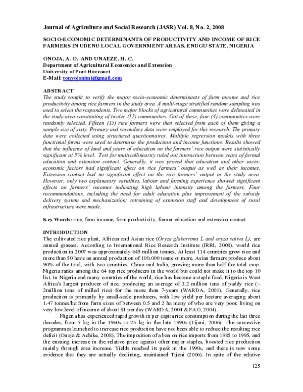 (PDF) Socio-Economic Determinants Of Productivity And Income Of Rice Farmers In Udenu Local ...