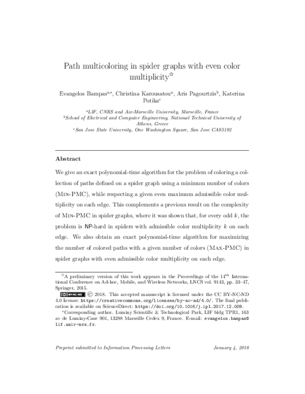 (PDF) Path multicoloring in spider graphs with even color multiplicity