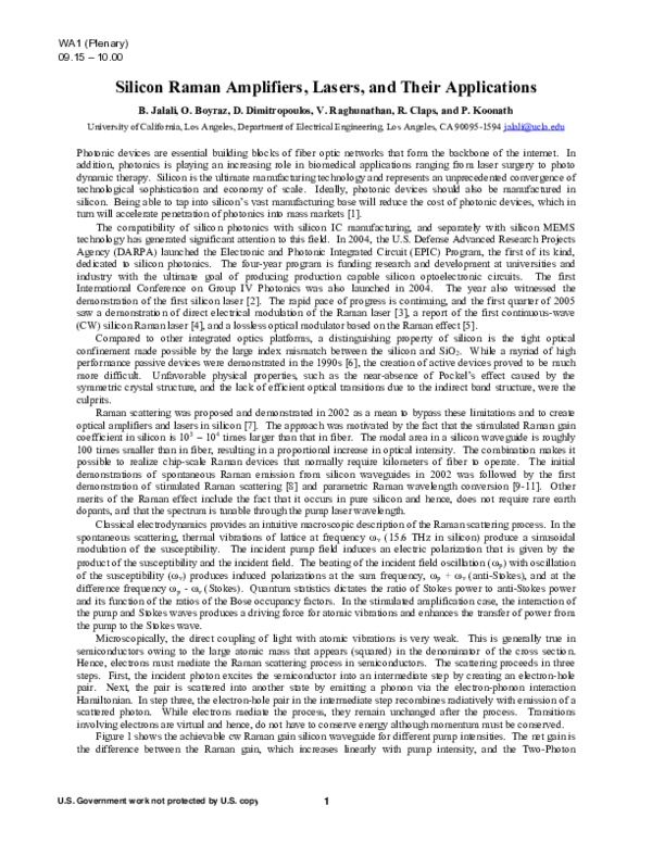 (PDF) Silicon Raman amplifiers, lasers, and their applications