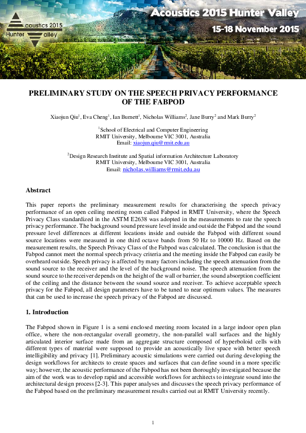 (PDF) Preliminary study on the speech privacy performance of the Fabpod