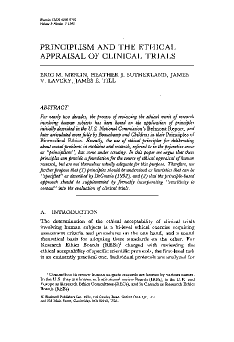 (PDF) Principlism and the Ethical Appraisal of Clinical Trials