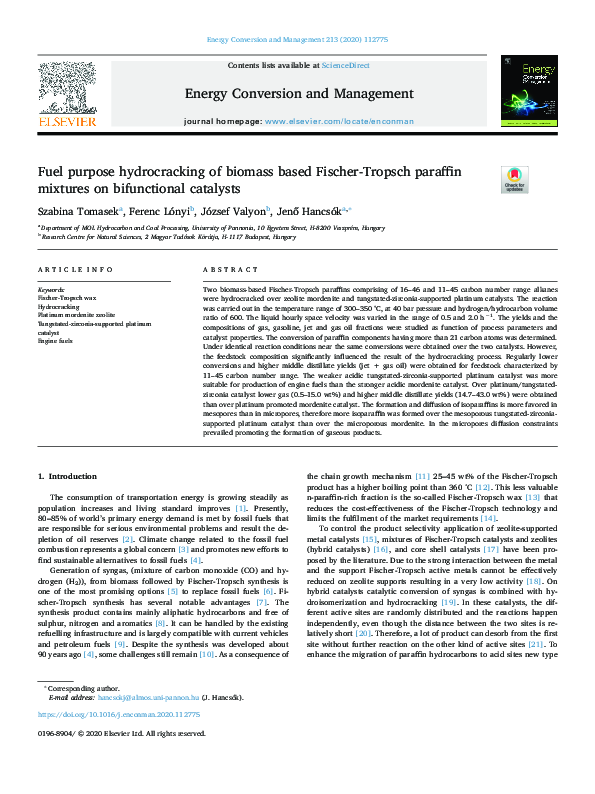 (PDF) Fuel purpose hydrocracking of biomass based Fischer-Tropsch ...