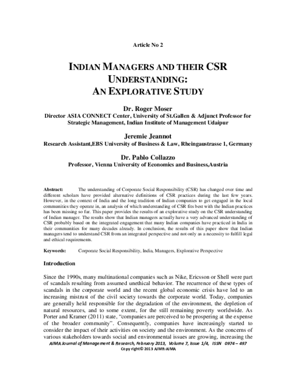 (PDF) Indian managers and their CSR understanding: An explorative study