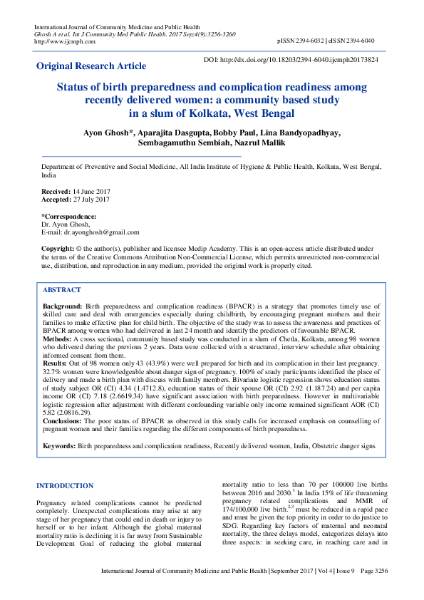 (PDF) Status of birth preparedness and complication readiness among ...