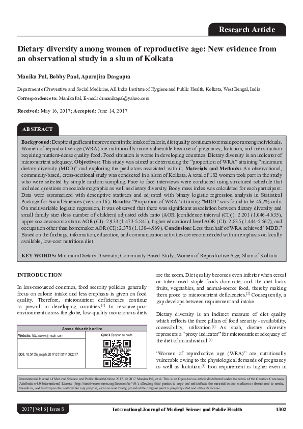 (PDF) Dietary diversity among women of reproductive age: New evidence from an observational ...