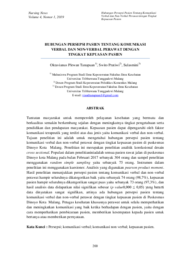 (PDF) Hubungan Persepsi Pasien Tentang Komunikasi Verbal Dan Non-Verbal Perawat Dengan Tingkat ...