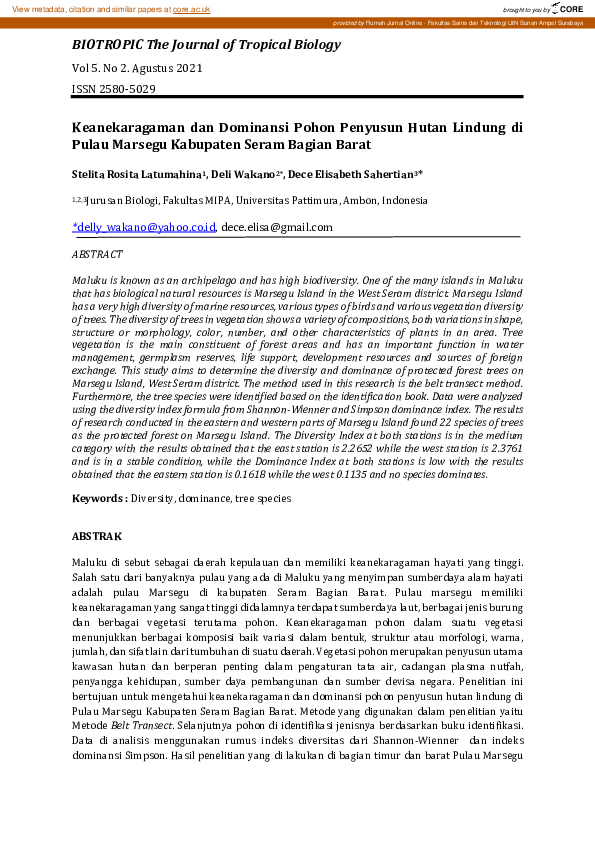 (PDF) Keanekaragaman Dan Dominansi Pohon Penyusun Hutan Lindung Di ...