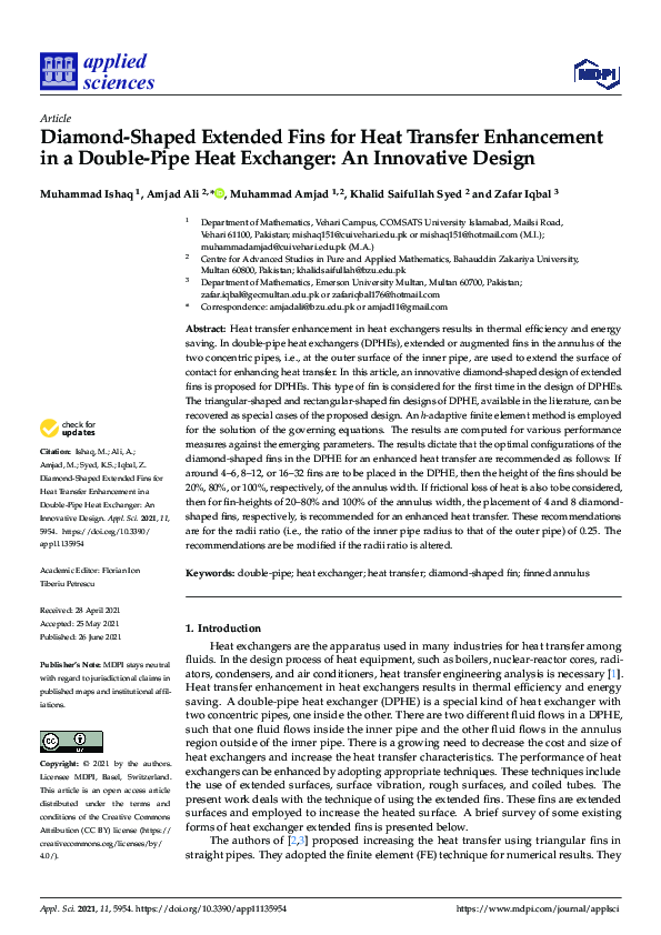 (PDF) Diamond-Shaped Extended Fins for Heat Transfer Enhancement in a ...