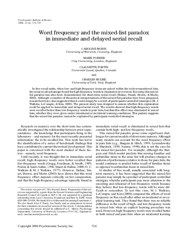 (PDF) Word frequency and the mixed-list paradox in immediate and delayed serial recall