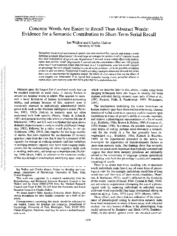 (PDF) Concrete words are easier to recall than abstract words: Evidence for a semantic ...