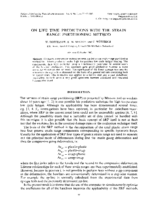 Pdf On Life Time Predictions With The Strain Range Partitioning Method Wolfgang Hoffelner