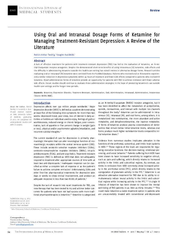 (PDF) Using Oral and Intranasal Dosage Forms of Ketamine for Managing ...