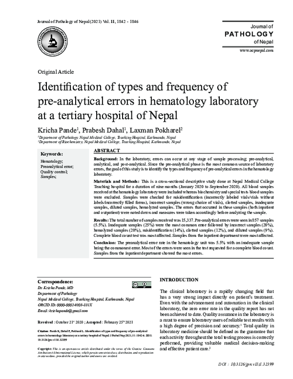 (PDF) Identification of types and frequency of pre-analytical errors in ...