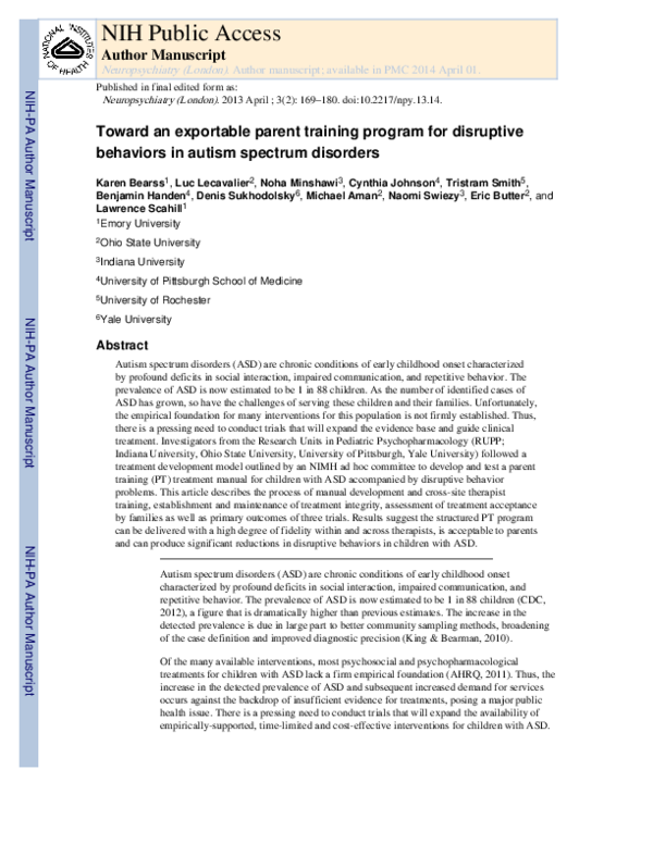 (PDF) Toward an exportable parent training program for disruptive behaviors in autism spectrum ...