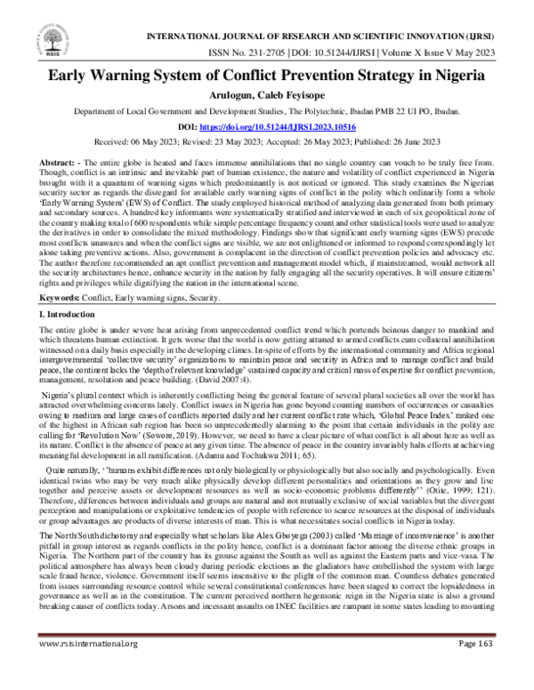 (PDF) Early Warning System of Conflict Prevention Strategy in Nigeria