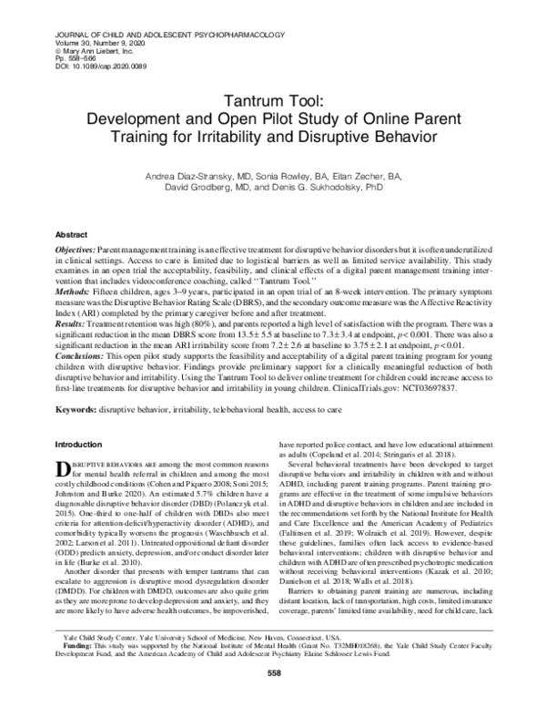 (PDF) Tantrum Tool: Development and Open Pilot Study of Online Parent Training for Irritability ...