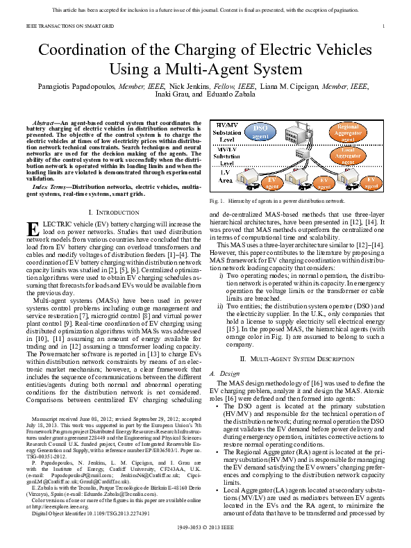 (PDF) Coordination of the Charging of Electric Vehicles Using a Multi-Agent System