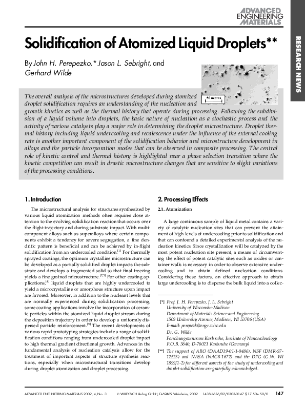 (PDF) Solidification of Atomized Liquid Droplets