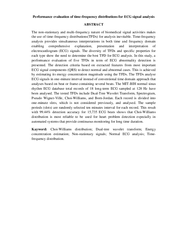 (PDF) Performance Evaluation of Time-Frequency Distributions for ECG Signal Analysis