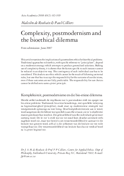 (PDF) Complexity, postmodernism and the bioethical dilemma