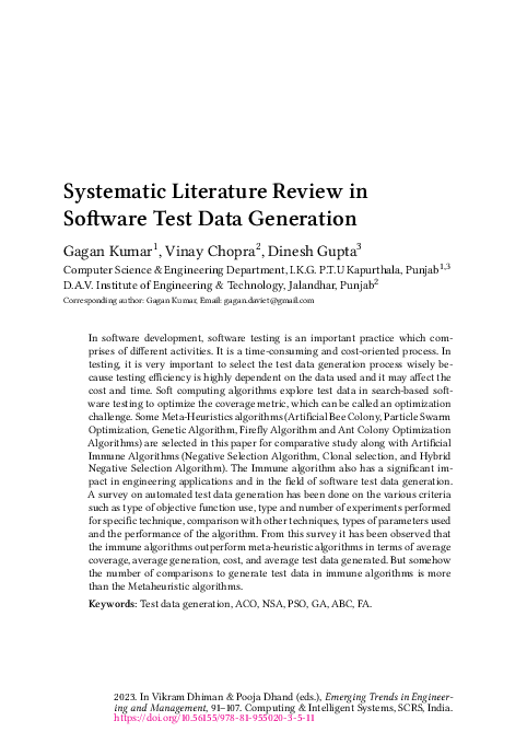 Pdf Systematic Literature Review In Software Test Data Generation Vinay Chopra