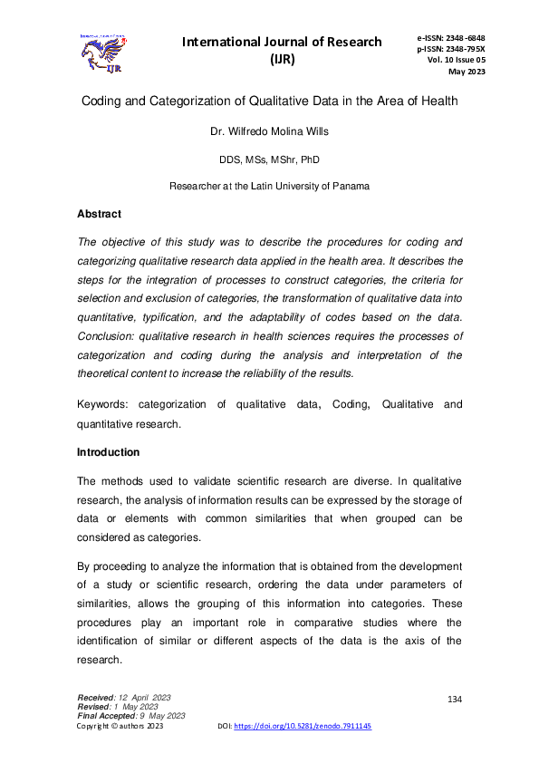 (PDF) Coding and Categorization of Qualitative Data in the Area of Health