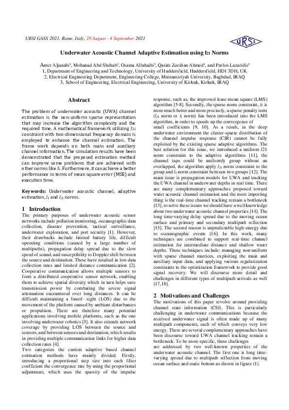 (PDF) Underwater Acoustic Channel Adaptive Estimation using l21 Norms