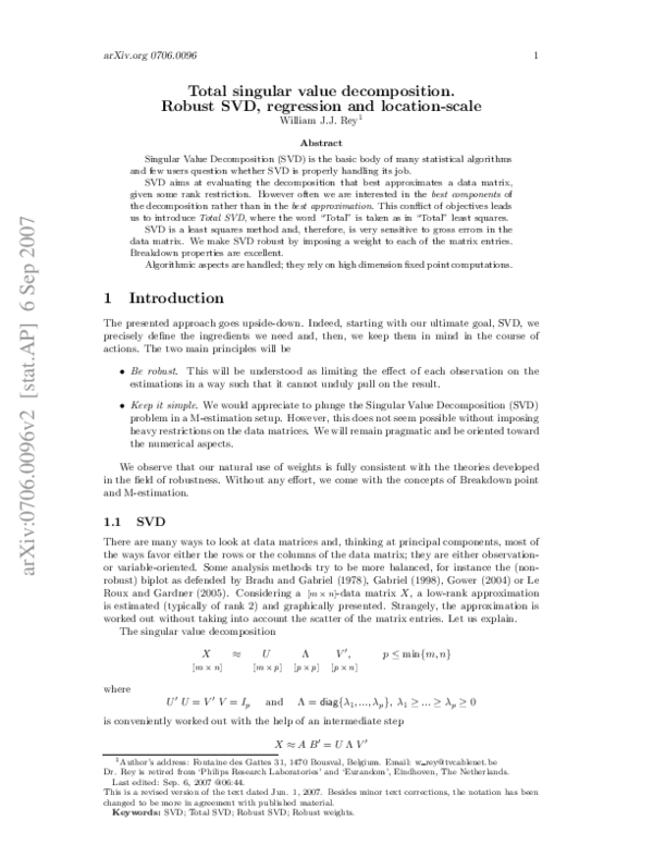 (PDF) Total singular value decomposition. Robust SVD, regression and location-scale | William ...